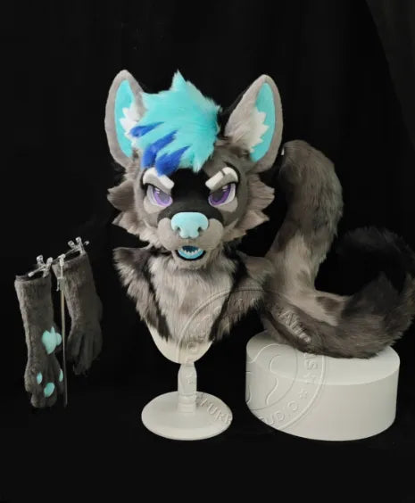 Cyan Gray Tough Wolf Brave Canine Partial Fursuit | Strong Wolf Head ...