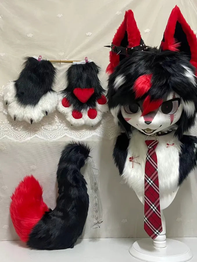 Black Red Cute Punk Fox Mini Partial Fursuit – Heart Paw Pad Design ...
