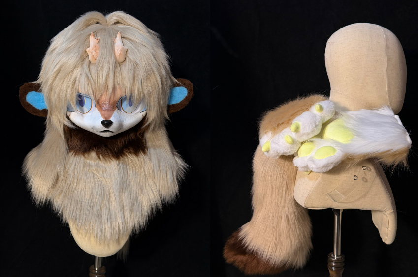 Beige Brown Fox Horn & Contrast Full Partial Fursuit Furry Costume Set ...