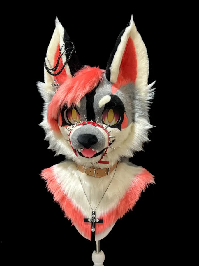 Crimson Accent Gothic Wolf Full Partial Fursuit (Studded Muzzle & Cross ...