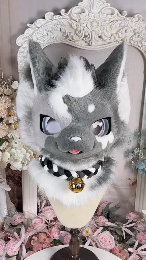 Dappled Gray Bell Wolf Mini Partial Fursuit (Braided Collar & Gold Bell ...