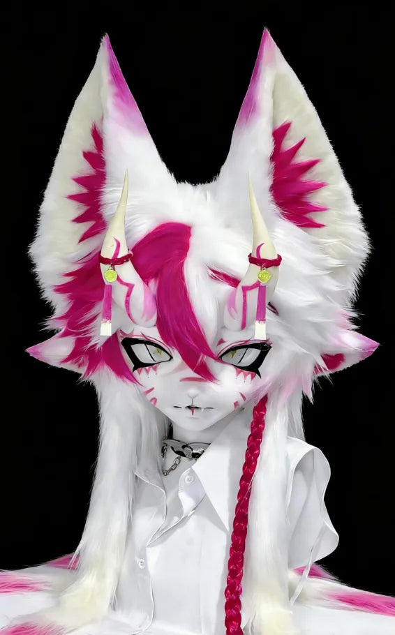 Crimson Horn Spirit Fox Kig Mini Partial Fursuit (White-Pink Kig Fox ...
