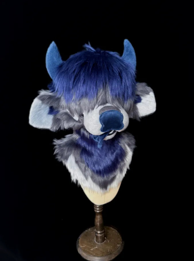 Deep Blue Grey Horned Bull Partial Toony Fursuit – Bull Fursuit Head ...